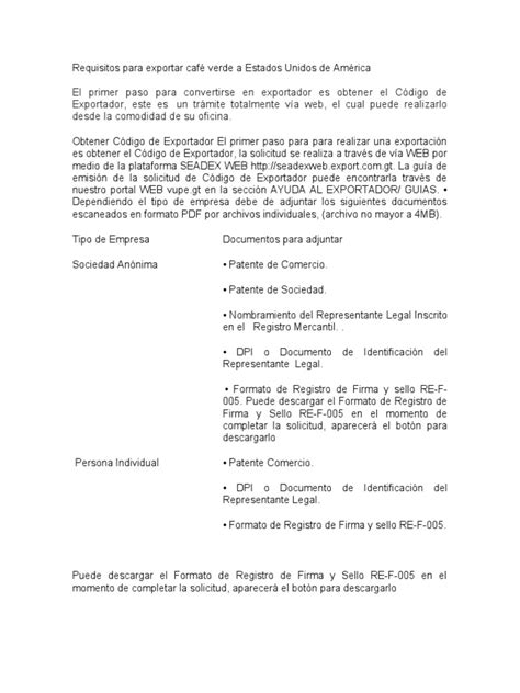 Requisitos Para Exportar Café Verde A Pdf