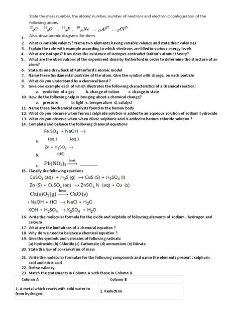 Test Chemistry Icse Class Viii 2023 Pdf Chemistry Hydrogen