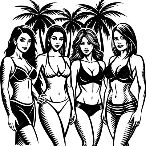 A Black And White Drawing Of Three Women In Bikinis Premium Ai