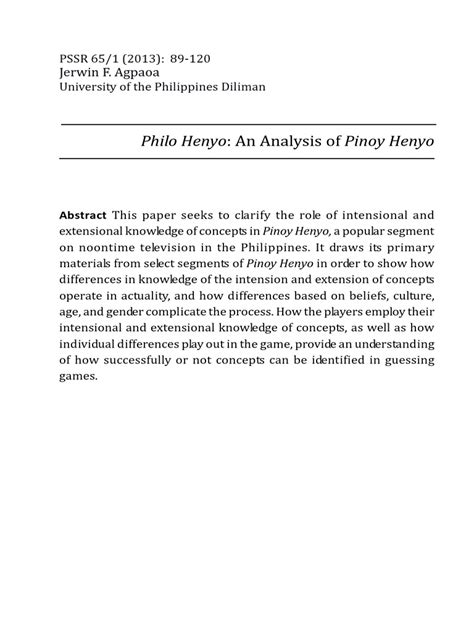 Philo Henyo An Analysis Of Pinoy Henyo Jerwin F Agpaoa Pdf Definition Concept