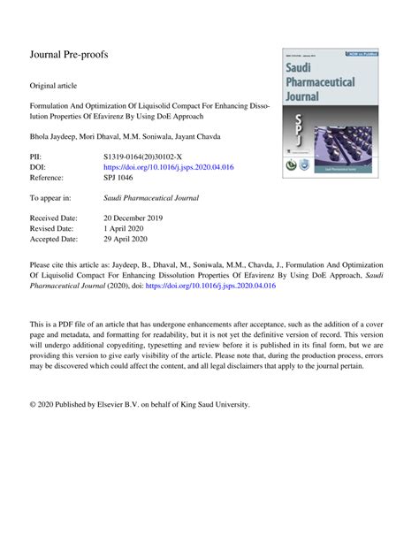 Pdf Formulation And Optimization Of Liquisolid Compact For Enhancing Dissolution Properties Of
