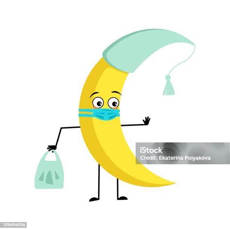 슬픈 감정으로 나이트 캡의 귀여운 달 캐릭터 얼굴과 마스크는 거리를 유지하고 쇼핑백이있는 손은 제스처를 멈 춥니 다 신중한