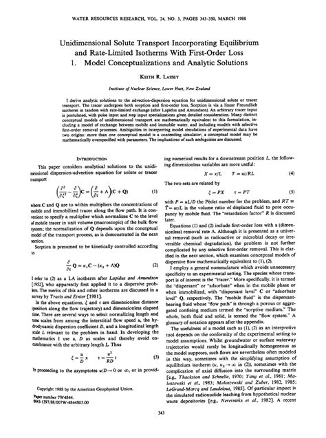 Pdf Unidimensional Solute Transport Incorporating Equilibrium And Rate Limited Isotherms With