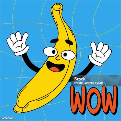 재미있는 만화 캐릭터 장갑을 낀 손으로 그루비 펑키 바나나 캐릭터 와우 벡터 일러스트 렌디 한 복고풍 만화 스타일 스티커 사각형 포스터 카드를위한 만화 요소 1970