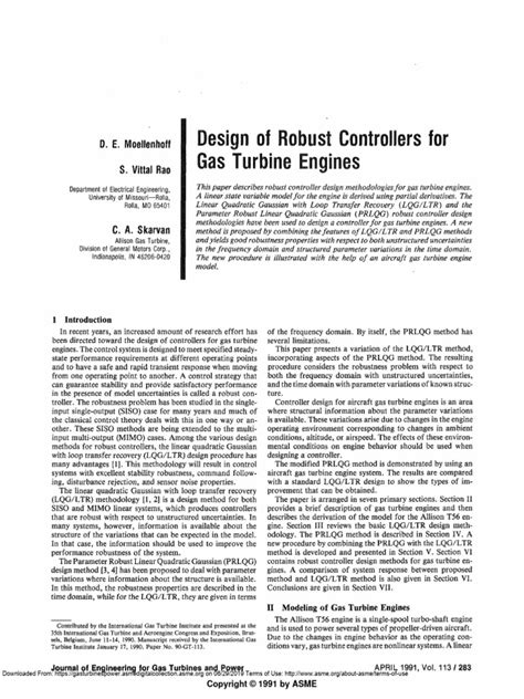Design Of Robust Controllers For Gas Turbine Engines D E Moellenhotf S Vittal Rao Pdf
