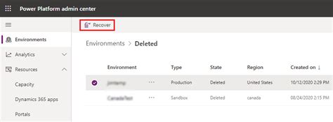 復原最近刪除的環境 power platform microsoft learn
