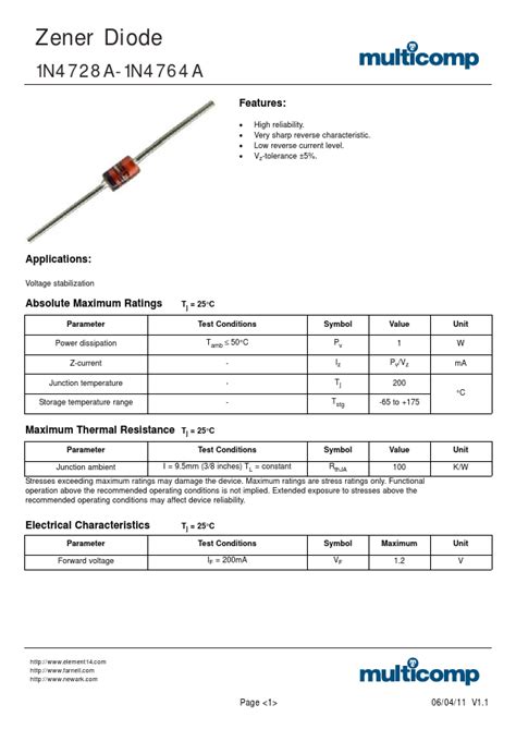 1n4734a Datasheet Pdf Zener Diode Download Multicomp 1n4734a
