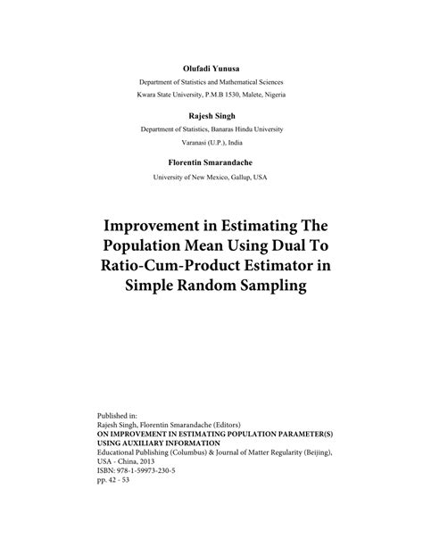 Pdf Improvement In Estimating The Population Mean Using Dual To Ratio