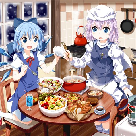 Safebooru 2girls Apron Blue Dress Blue Eyes Blue Hair Bow Bowl Bread
