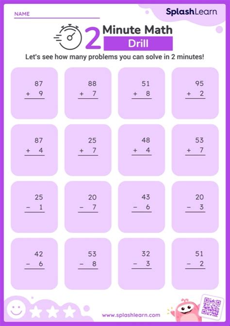 add and subtract 2 digit and 1 digit numbers vertical timed practice