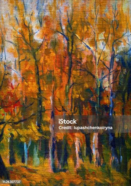 회색 가을 하늘을 배경으로 공원에 밝은 노란색과 주황색 잎이있는 유화 풍경 가을 나무 그림 공원에 대한 스톡 벡터 아트 및 기타 이미지 공원 유화 자연 풍치지구