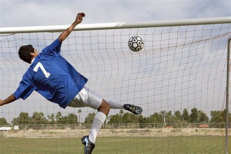 Man Scoring Goal During Soccer Match Stock Image Image Of Goalpost