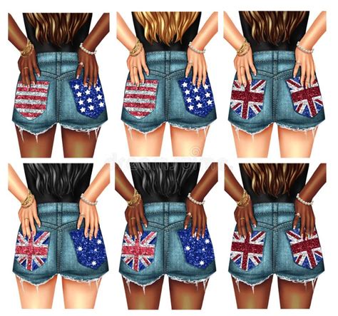 Cute Fashion Illustration Of Girls Wearing Shorts With Patriotic Flags Stock Illustration