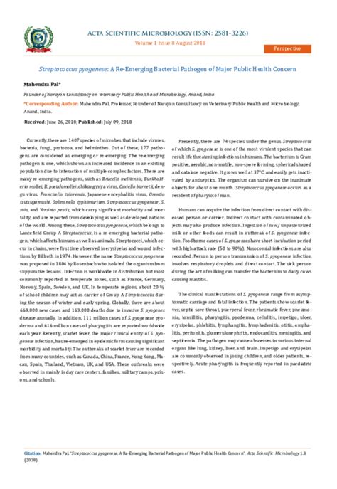 streptococcus pyogenese a re emerging bacterial pathogen of major