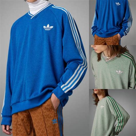 아디다스 아디다스 아디컬러 프렌치테리 브이넥 맨투맨 빈티지 스웻셔츠 오버핏 남녀공용 블루 그린 위시버킷