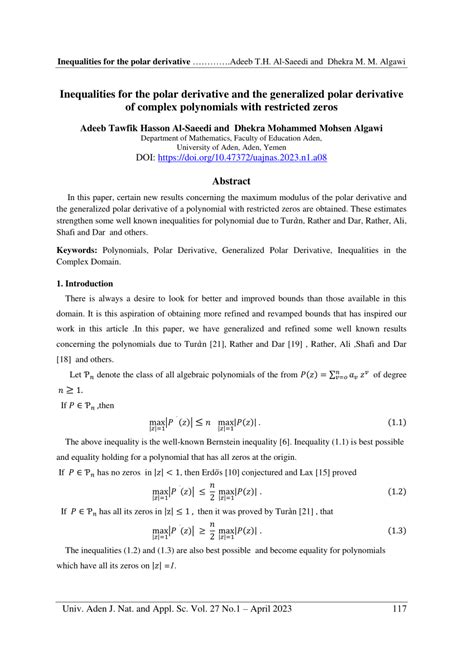 Pdf Inequalities For The Polar Derivative And The Generalized Polar Derivative Of Complex