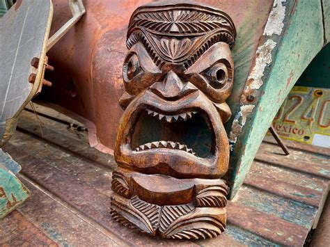 Carved Wood Tiki Mask Wall Hanging Ethnic Folk Art Hawaiian Polynesian
