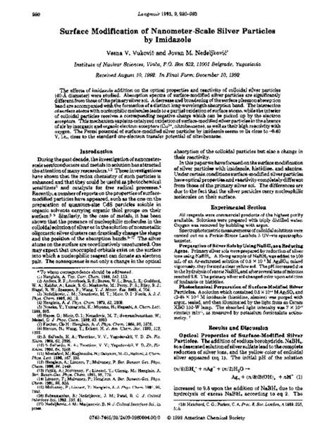 Pdf Surface Modification Of Nanometer Scale Silver Particles By Imidazole