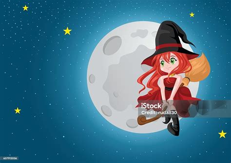 보름달 동안 그녀의 빗자루와 함께 비행 귀여운 만화 마녀 마녀에 대한 스톡 벡터 아트 및 기타 이미지 마녀 10월 가득 찬 Istock