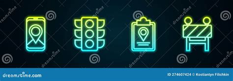 Set Line City Map Navigation Traffic Light Folded With Location Marker And Road Barrier
