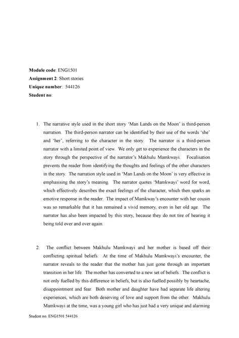 Eng1501 Assignment 2 544126 Module Code Eng Assignment 2 Short Stories Unique Number 544126