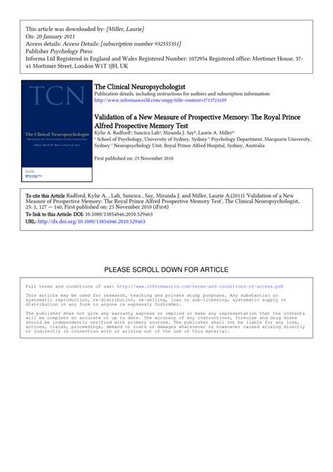 Pdf Validation Of A New Measure Of Prospective Memory The Royal
