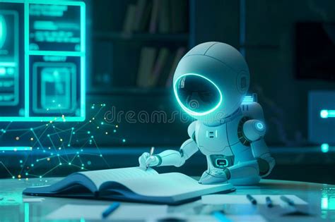 Astronaut Robot Writing On Futuristic Book Modern Artificial