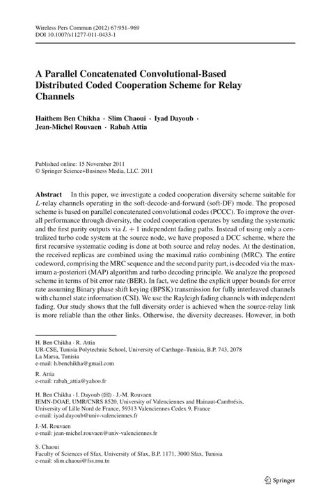 Pdf A Parallel Concatenated Convolutional Based Distributed Coded Cooperation Scheme For Relay