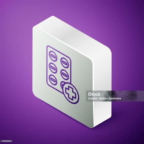 보라색 배경에 격리 된 블리스터 팩 아이콘의 등각 투영 선 알약 정제 비타민 항생제 아스피린을위한 의료 약물 패키지 실버 스퀘어 버튼 벡터 일러스트레이션 3차원 형태에 대한