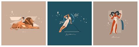 조디악 점성술 현대 화재 표지판 기호 컬렉션 세트 마법의 Boho 여성 캐릭터 클립 아트 Boho 디자인 여성 점성술 개념으로 손으로 그린 벡터 추상 그래픽 삽화