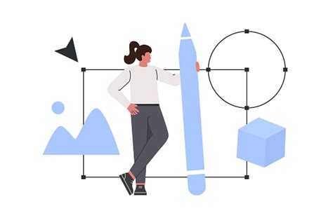 거대한 스타일러스 펜으로 벡터 그래픽 편집기 또는 디자인 프로그램에서 작업하는 소녀 일러스트 레이터 벡터 일러스트레이션을 만드는