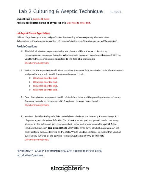 BIO Lab Exp Lab Worksheet Babe Name Andrea N Baird Access Code Located On The Lid