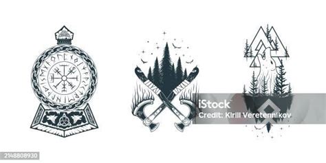 스칸디나비아 벡터는 바이킹 상징과 룬을 가진 삽화를 고립시켰다 이교도 노르드어 기호 토르의 망치 Vegvisir 교차 도끼