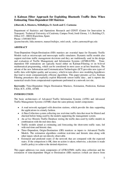 Pdf A Kalman Filter Approach For Exploiting Bluetooth Traffic Data