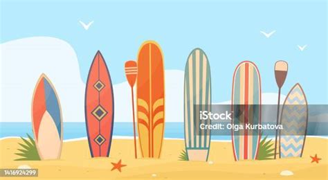 모래 위의 서핑 보드 해변 바다 서핑 아이템 하와이 휴가 웨이브 포수 여름 스포츠 유형 정면보기 Nowaday 벡터 만화 플랫 고립 된 개념에 줄지어있는 무늬 바다 보드