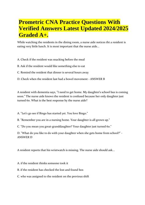 Cna Practice Questions With Verified Answers Latest Updated 2024 2025 Graded A Cna Practice