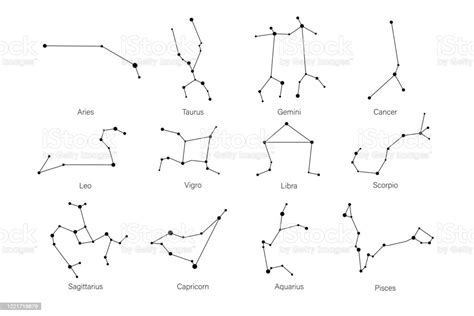 조디악 디자인 별자리 세트 레오 처녀 자리 전갈 자리 천칭 자리 물병자리 궁수 물고기 자리 염소 자리 황소 자리 양자리 쌍둥이 자리 암 벡터 일러스트레이션 벡터에 대한 스톡