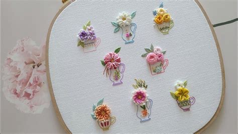 프랑스자수 L 8 꽃병자수 8 Vase Embroidery 꽃 자수 패턴 손 자수 꽃 꽃 자수 디자인