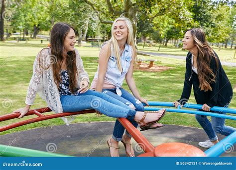 Two Girls In The Park Sit On A Hammock And Look At The Laptop Royalty