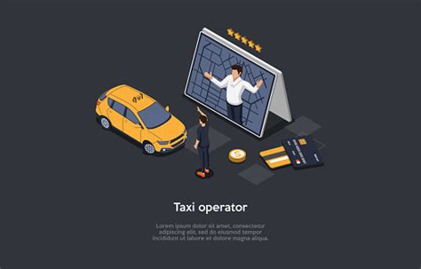 인포그래픽이 있는 어두운 배경의 컴포지션 등각 벡터 일러스트레이션 만화 3d 스타일 객체 택시 조직 서비스 운영자 온라인 지원 담당자 고객 자동차 근처 잡기에 대한 스톡