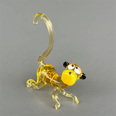 Glass Monkey Figurine Blown Yellow Glass Animal Collectible Monkey