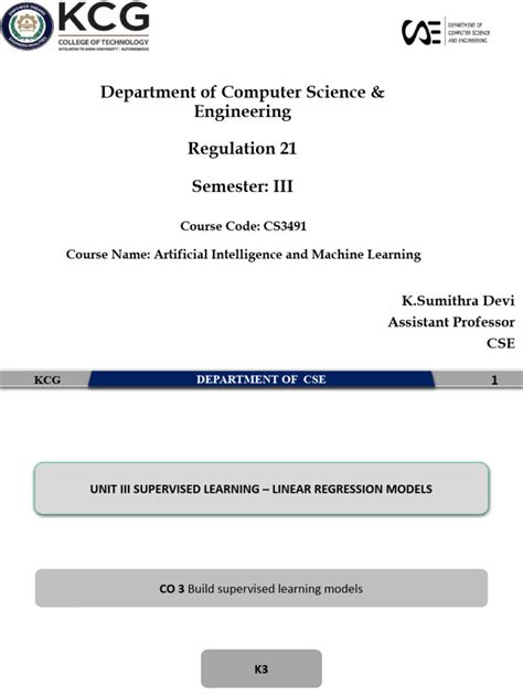cs3491 aiml unit iii linear regression models pdf regression