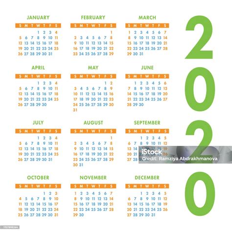 달력 2020 년 벡터 디자인 템플릿입니다 컬러잉 스퀘어 포켓 캘린더 주 시작 일 0명에 대한 스톡 벡터 아트 및 기타 이미지