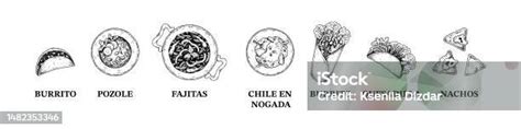 이름이 있는 멕시코 요리 세트 스케치 스타일로 손으로 그린 벡터 그림 국가 민족 음식 그리기에 대한 스톡 벡터 아트 및 기타 이미지 그리기 나쵸 파히타 Istock