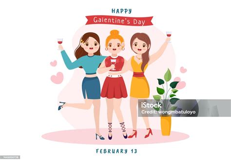 2월 13일 행복한 갤런타인 데이와 함께 플랫 만화 손으로 그린 템플릿 일러스트레이션에서 자유를 위한 여성 우정을 축하합니다