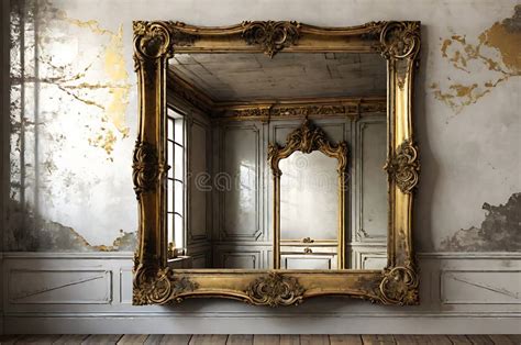 Antique Mirror With Intricate Gold Frame In Rustic Style Reflecting A