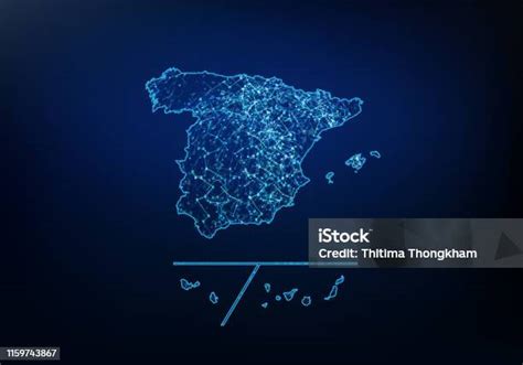 스페인 지방의 추상지도 네트워크 인터넷 및 글로벌 연결 개념 와이어 프레임 3d 메쉬 다각형 네트워크 라인 디자인 구체 점 및 구조 벡터 일러스트레이션 Eps 10 0명에