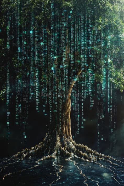 Digital Giant Tree With Roots Extending Into A Binary World Of Data And