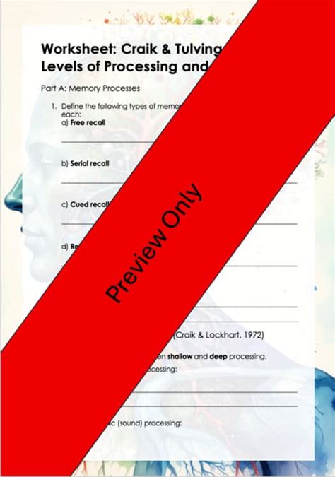 Craik And Tulving 1975 Psychology Worksheet Levels Of Processing Model Mem