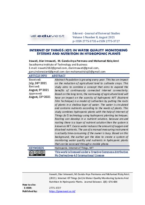 Pdf Internet Of Things Iot In Water Quality Monitoring Systems And Nutrition In Hydroponic